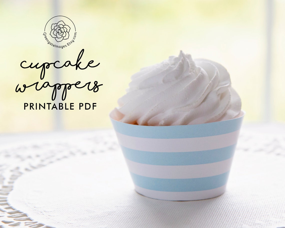 Light Blue Striped Printable Cupcake Wrapper party | Etsy