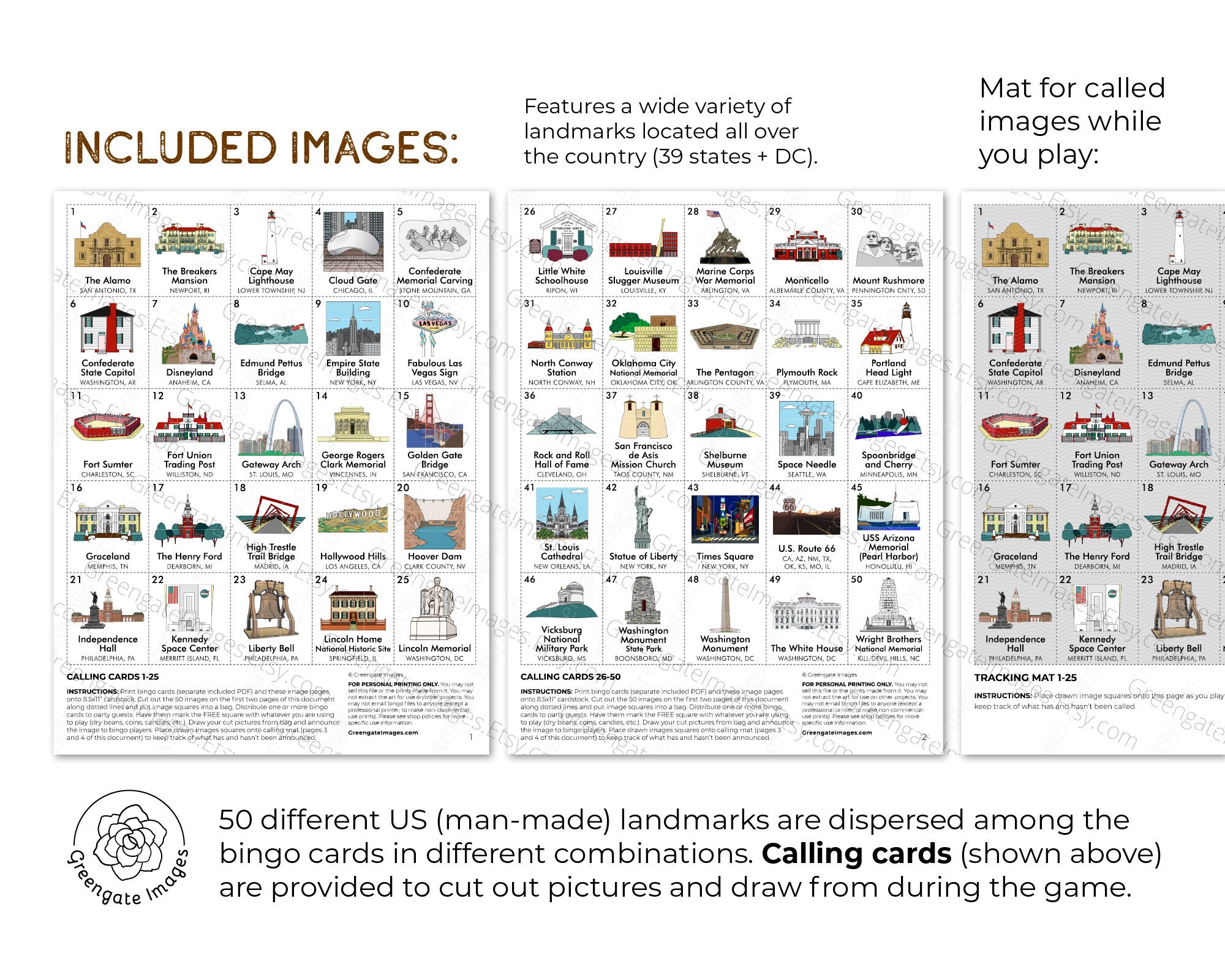 US Landmarks Bingo - 50 PRINTABLE Unique Cards. Instant Digital ...