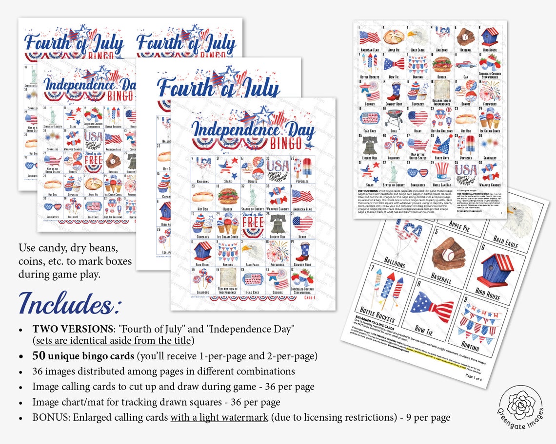 Fourth of July/independence Day Bingo - 50 PRINTABLE Unique Cards ...
