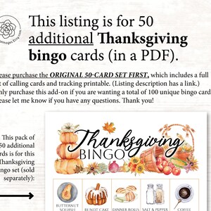 ADD-ON: 50 Additional Thanksgiving Bingo Cards (numbered 51-100) to Go ...