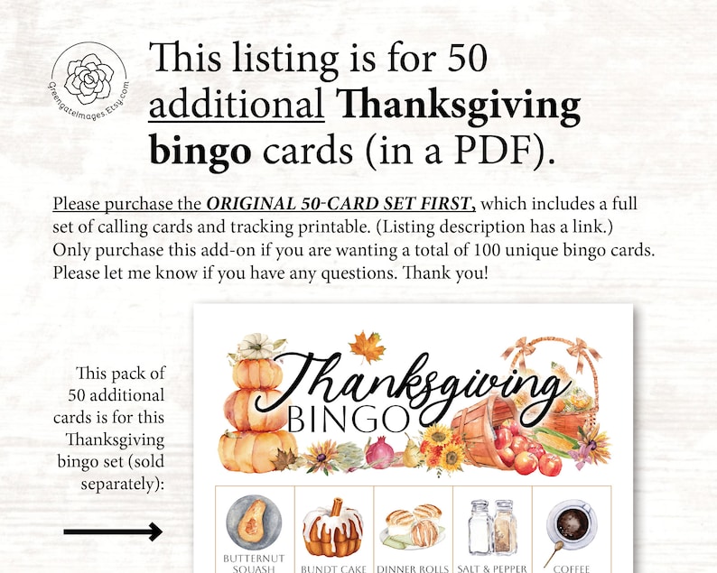 ADD-ON: 50 Additional Thanksgiving Bingo Cards (numbered 51-100) to Go ...