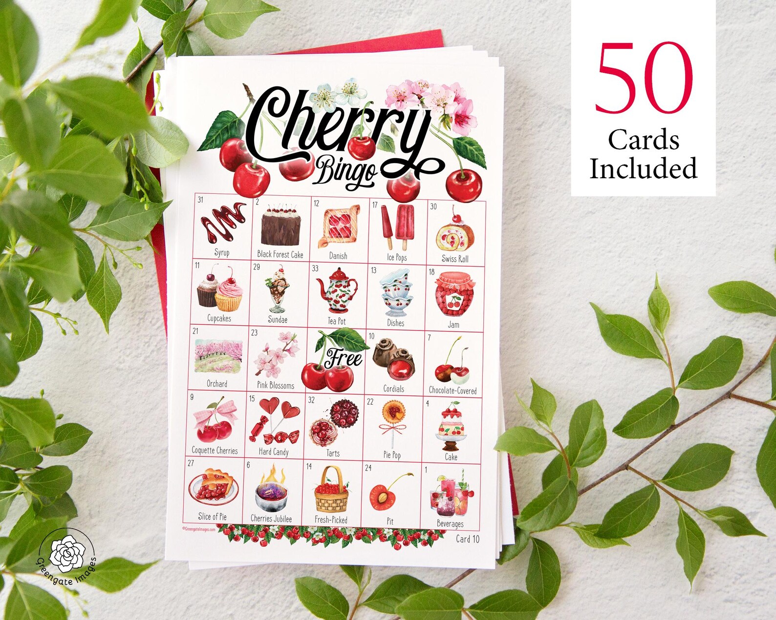 Cherry Bingo - 50 PRINTABLE Unique Cards. Instant Digital Download PDF ...