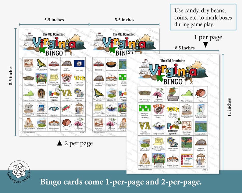 Virginia Bingo Cards - 50 PRINTABLE Unique Cards Download Instantly ...