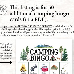ADD-ON: 50 Additional Camping Bingo Cards (numbered 51-100) to Go With ...
