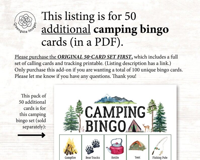 ADD-ON: 50 Additional Camping Bingo Cards (numbered 51-100) to Go With ...