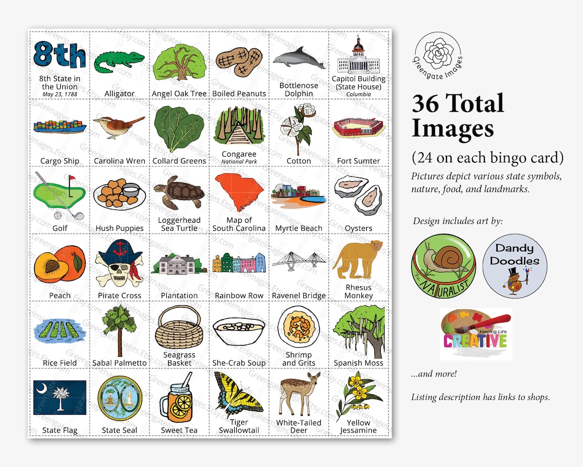 South Carolina Bingo Cards 50 PRINTABLE Unique Cards. - Etsy