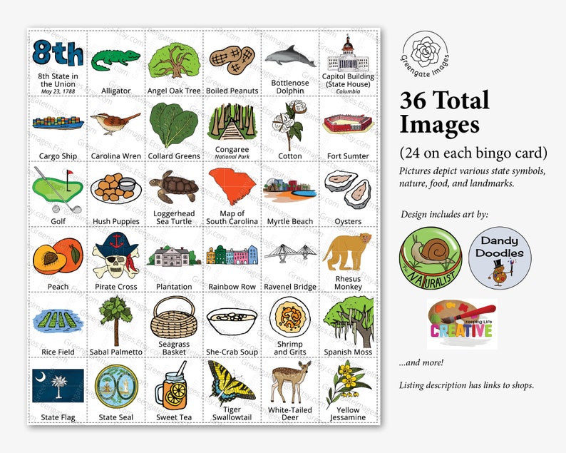 South Carolina Bingo Cards 50 PRINTABLE Unique Cards. - Etsy
