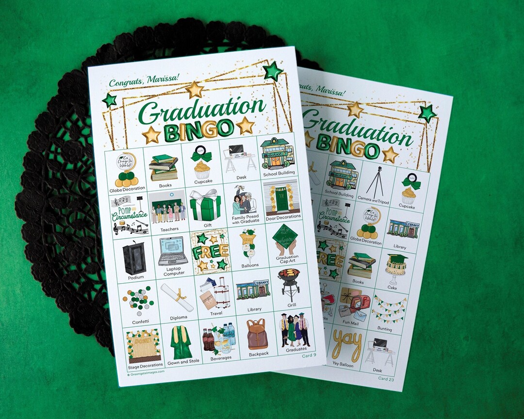 Graduation Bingo - 50 PRINTABLE Unique Cards. Green and Gold Color ...