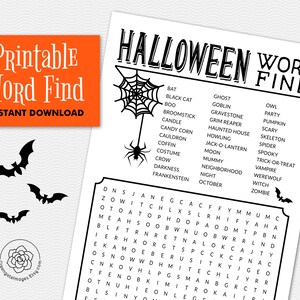 Halloween Word Find: Printable Activity, Black White, Halloween Word ...