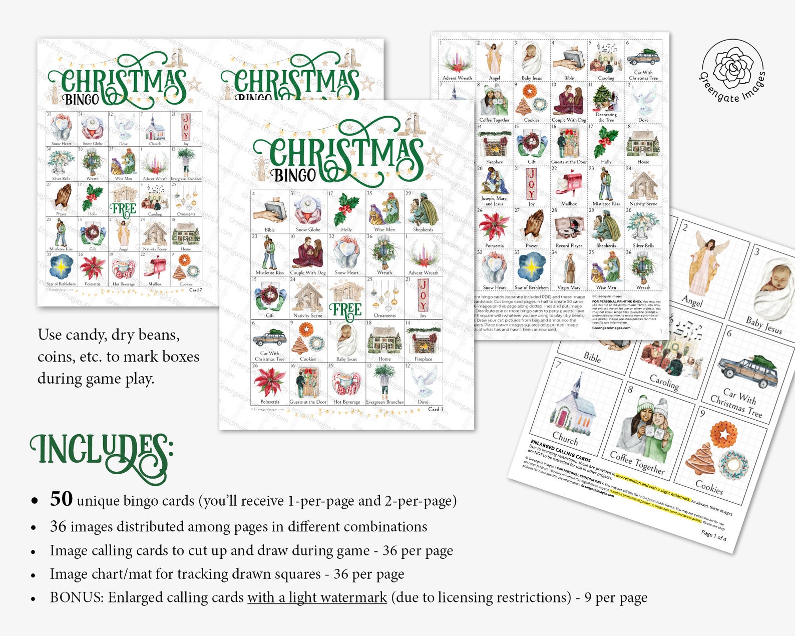 CHRISTIAN Christmas Bingo - 50 PRINTABLE Unique Cards. Instant Download ...