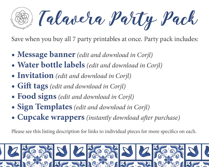 Talavera Party Pack - PRINTABLE Decoration Bundle. Edit in Corjl. Blue ...