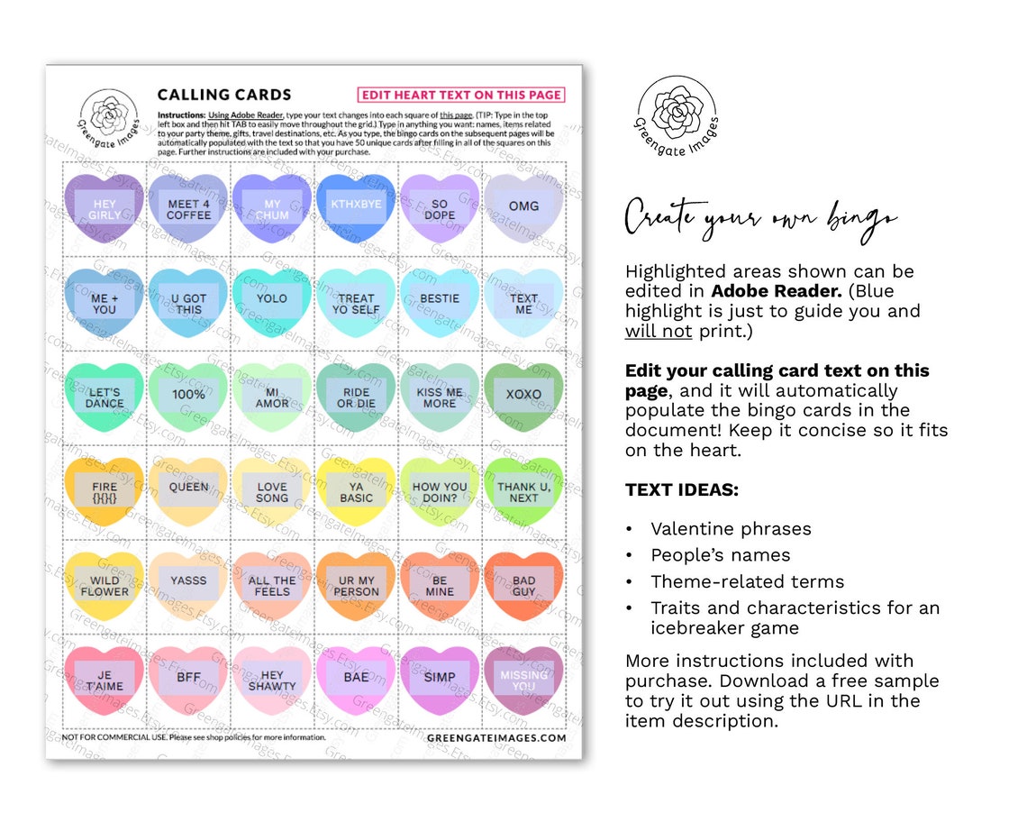 Conversation Heart Bingo Template: 50 Cards Printable Pdf | Etsy