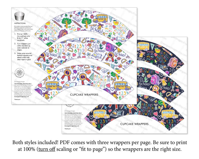 School Cupcake Wrappers - PRINTABLE Cupcake Sleeves, Instant Download ...