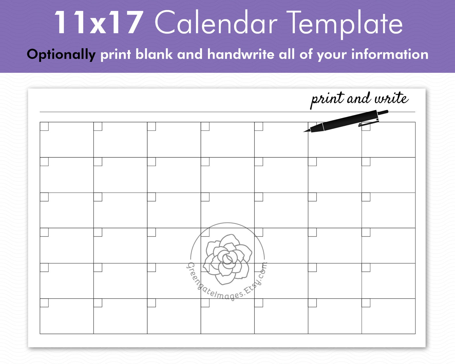 11x17 Calendar Template - Editable Landscape Calendar, Any Month, A3 ...