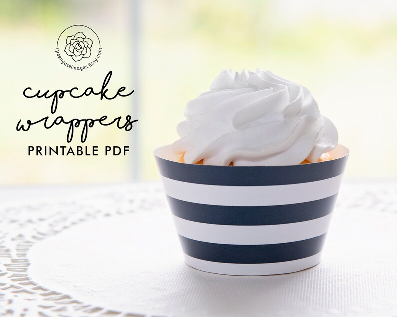Navy Stripe Printable Cupcake Wrapper striped party | Etsy