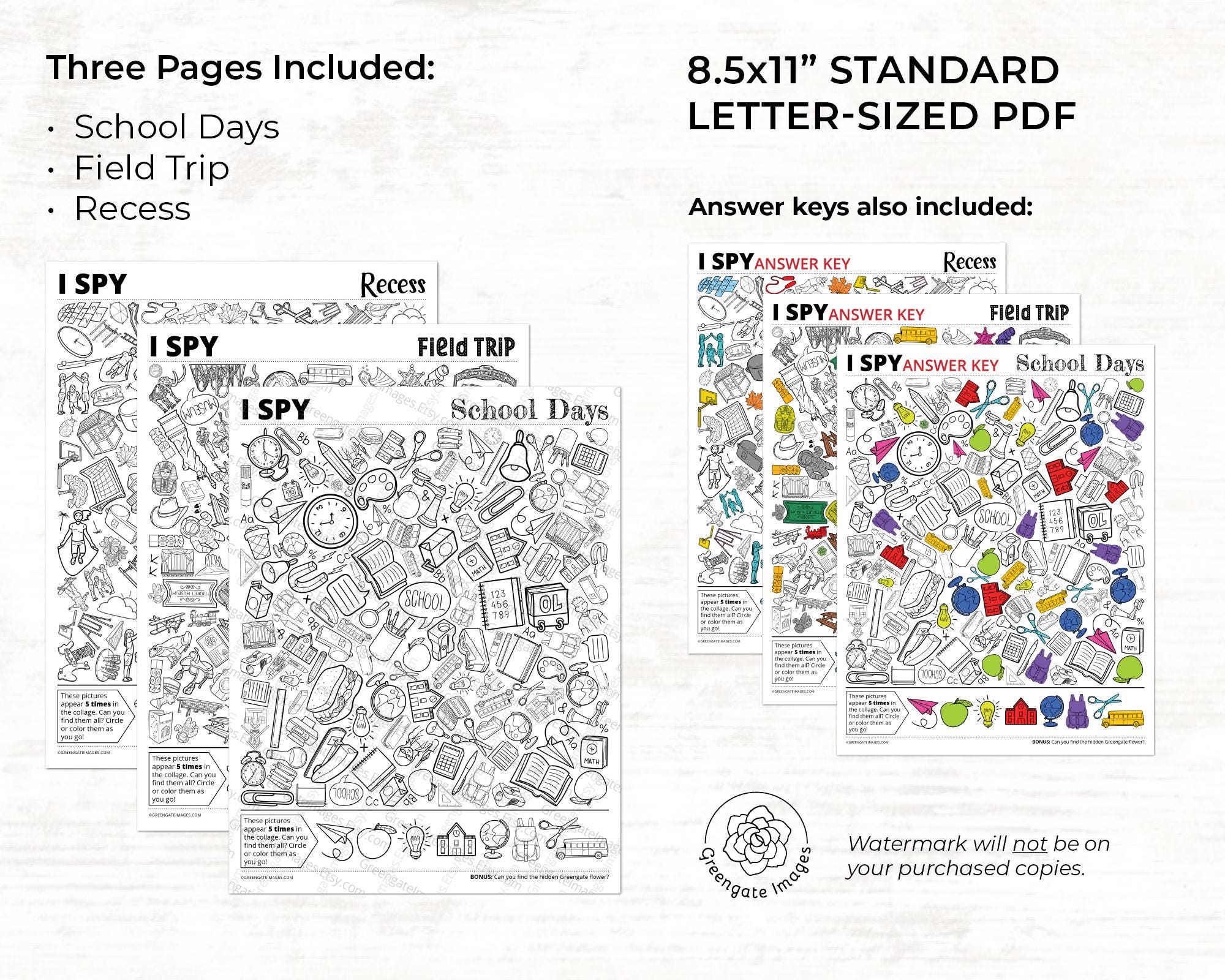 School I Spy Bundle - PRINTABLE - Answer Key Included! 3 Themed 8.5x11 ...