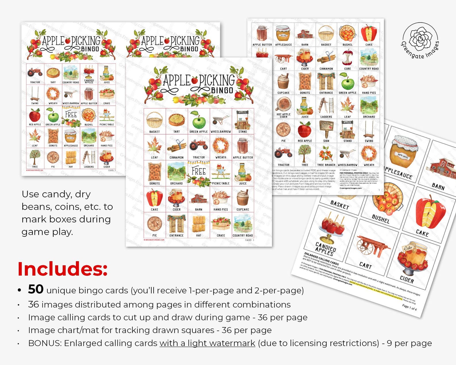 Apple Picking Bingo Cards: PRINTABLE Bingo With Labeled Pictures. 50 ...