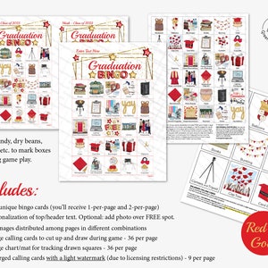 Graduation Bingo - 50 PRINTABLE Unique Cards. Bright Red and Gold Color ...