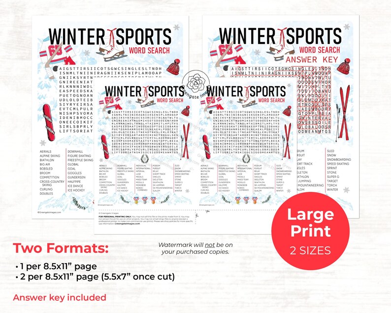 Winter Sports Word Search - PRINTABLE Downloadable Activity. Cute ...