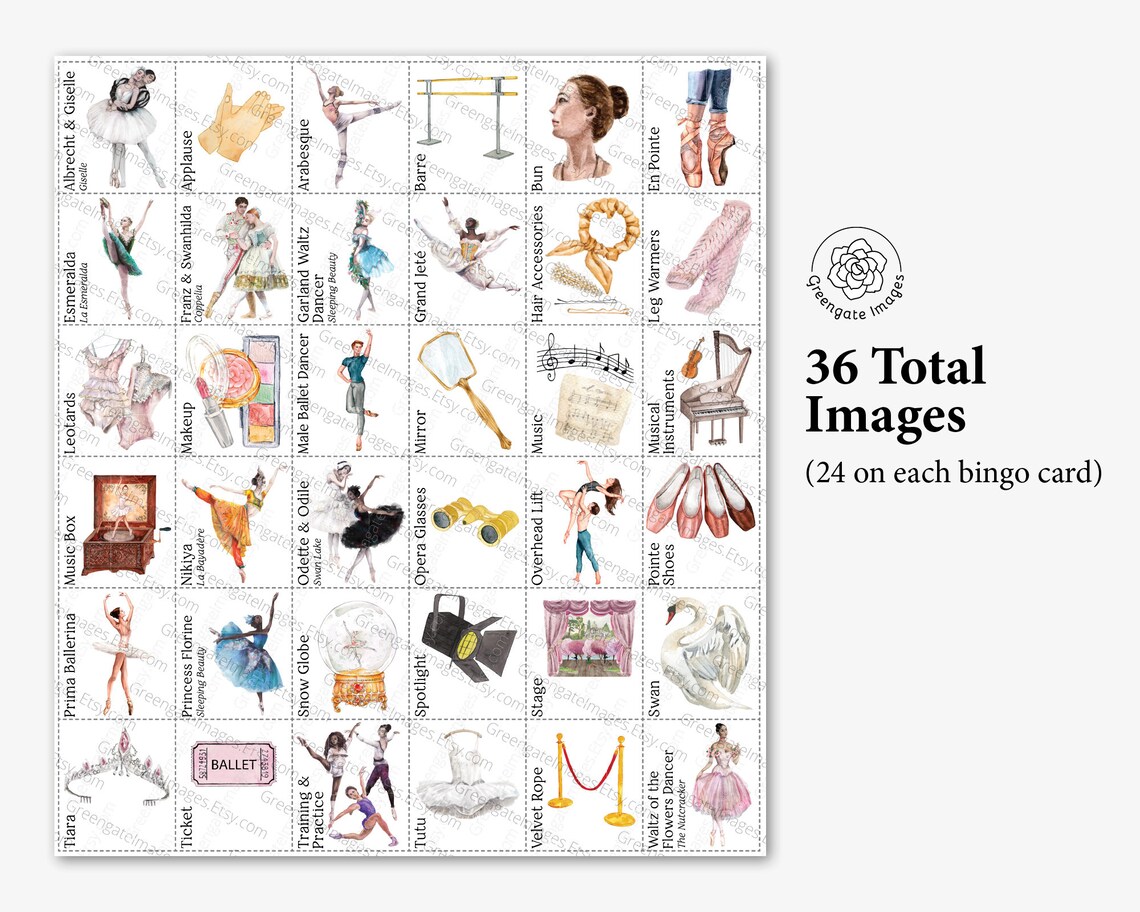 Ballet Bingo - 50 PRINTABLE Unique Cards. Instant Digital Download PDF ...