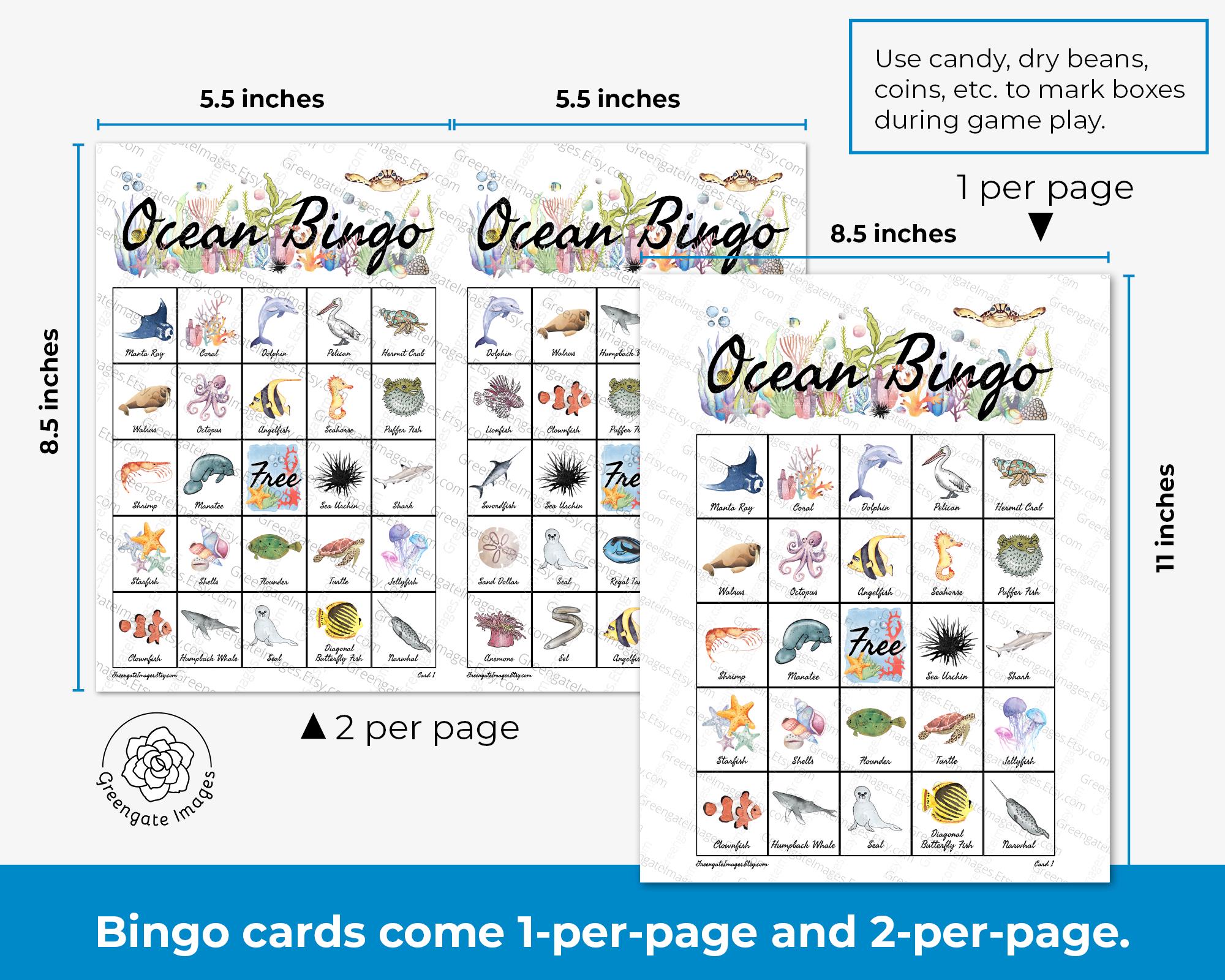 Ocean Bingo Cards: Printable Bingo Cards, 50 Cards, Kids Game Activity ...