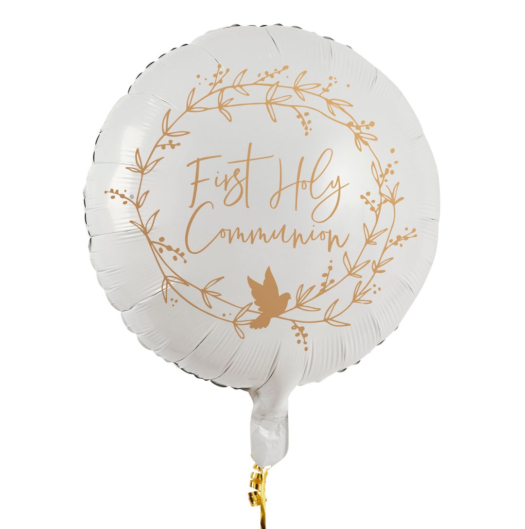 LARGE 1st HOLY COMMUNION Balloon White With Gold Lettering Leaves and a ...