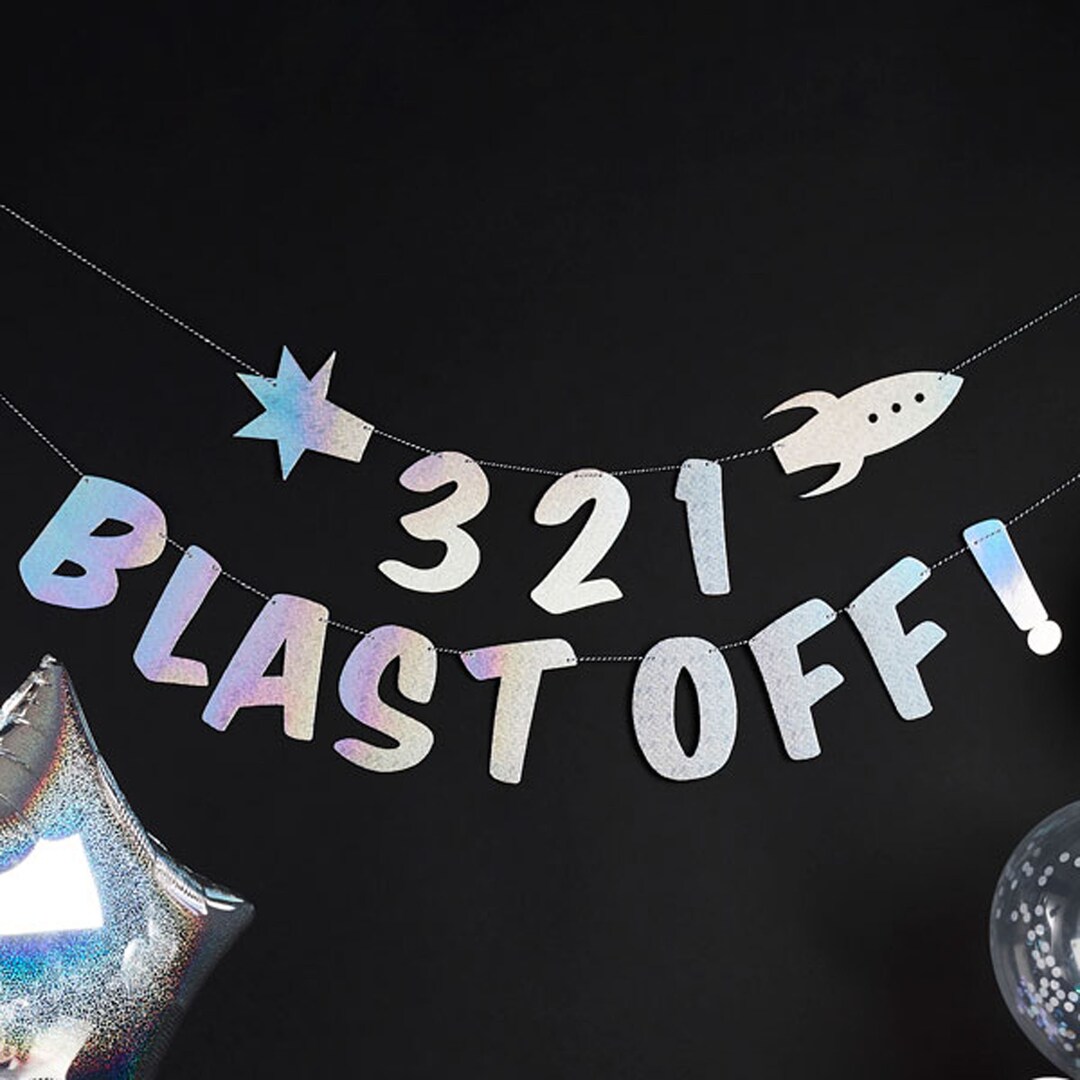321 BLAST OFF! Space Party Banner Garland Iridescent Silver With Space ...