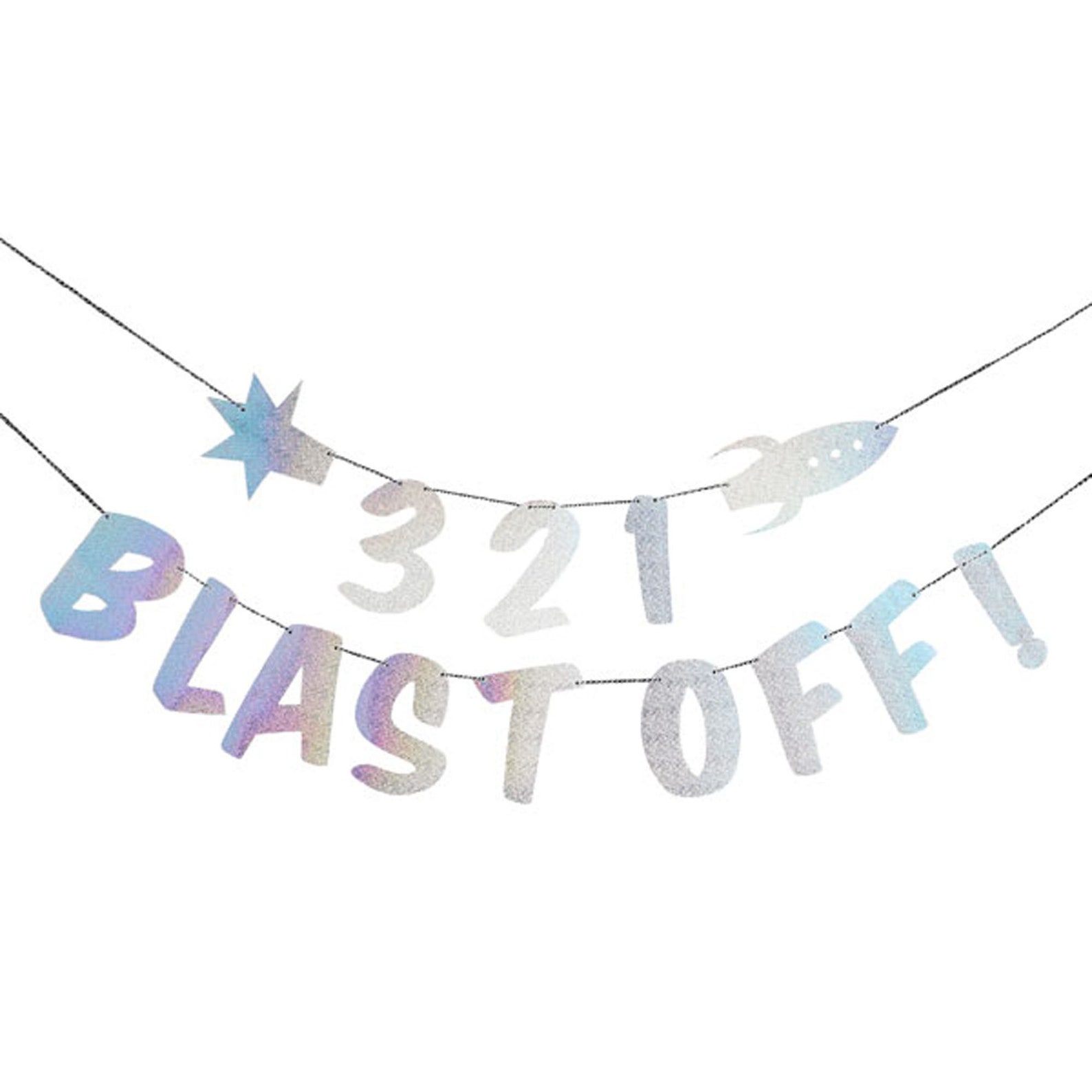 321 BLAST OFF! Space Party Banner Garland Iridescent Silver With Space ...