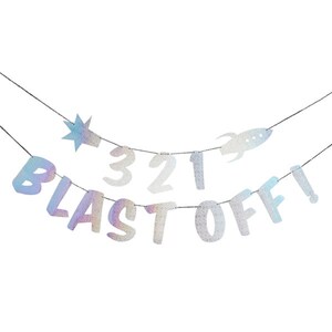 321 BLAST OFF! Space Party Banner Garland Iridescent Silver With Space ...