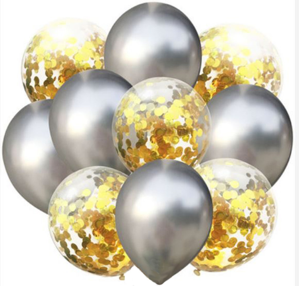 10 SILVER & GOLD Balloons. 5 Metallic Silver and 5 Gold Confetti Filled ...