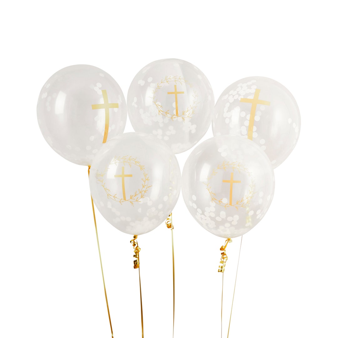 5 LARGE 1st HOLY COMMUNION Balloons. Clear Balloons With White Confetti ...