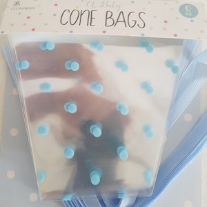 Spotty PASTEL BLUE SWEET Cones With Matching Ribbon. 10 Pack of Clear ...