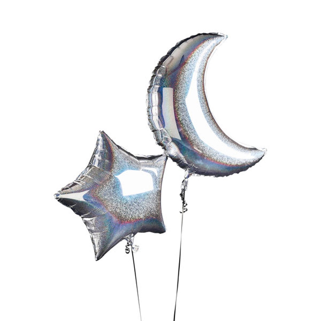2 Large MOON & STAR BALLOONS Iridescent Silver Childrens Birthday Party ...
