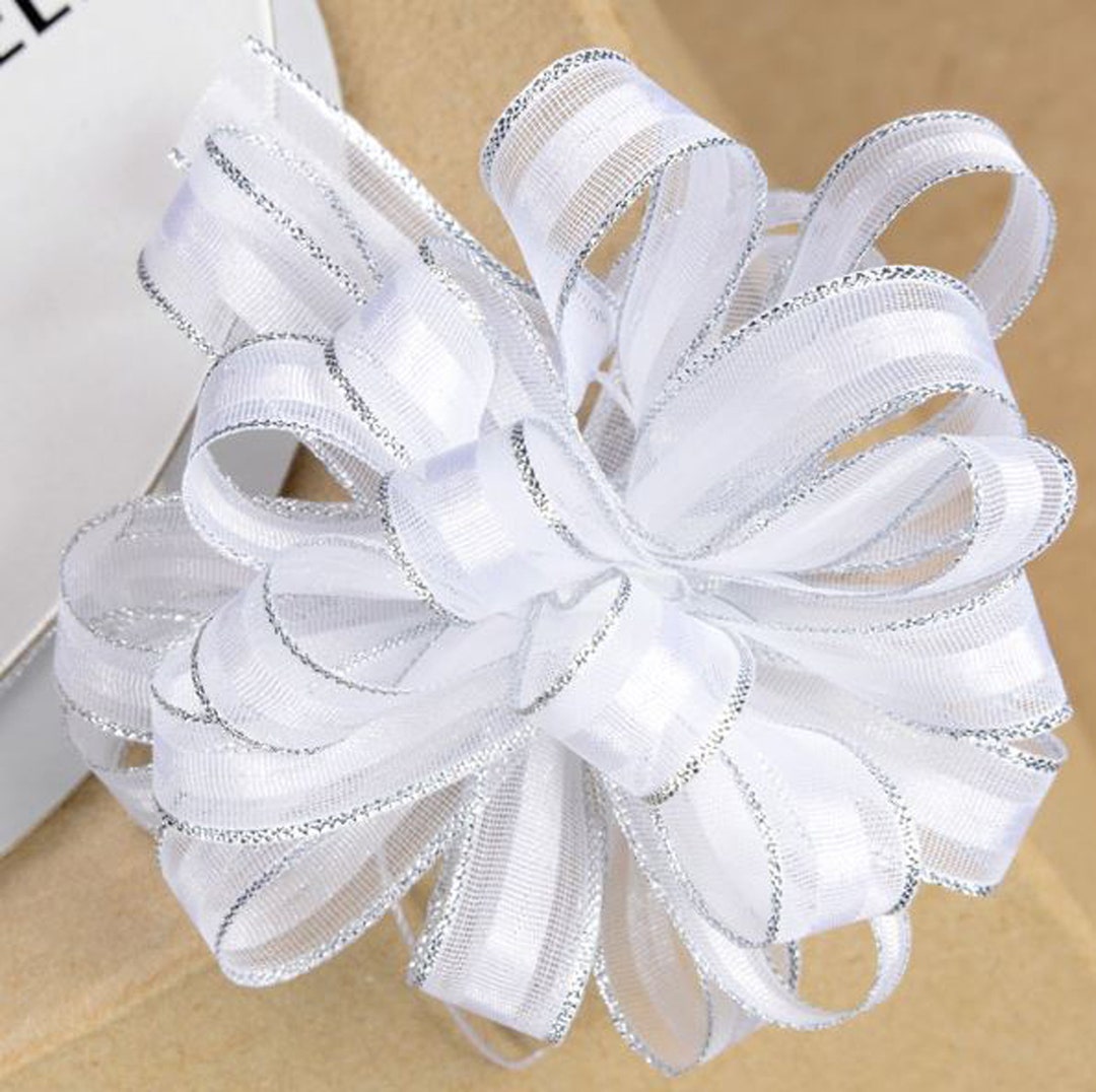 10mm Organza PULL BOW RIBBON White With Silver Edging 25 Meters Ideal ...