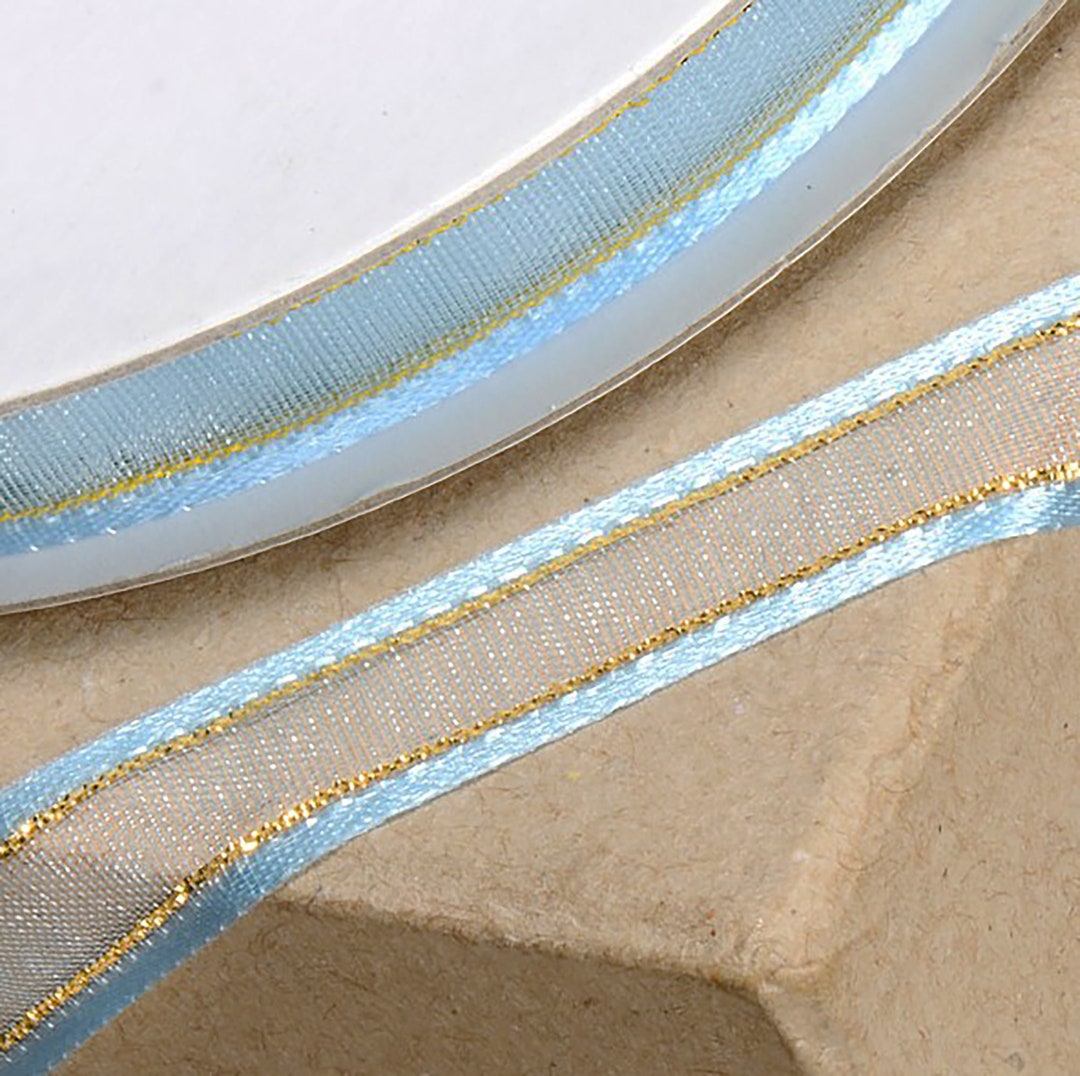 10mm X 25 Meters BLUE and GOLD RIBBON Satin Edged Organza With Gold ...