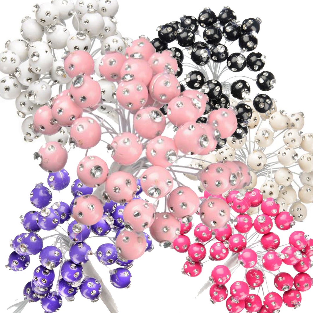 36 PEARL BEAD Stems Decorated With Clear Diamantes Ideal for Cake ...