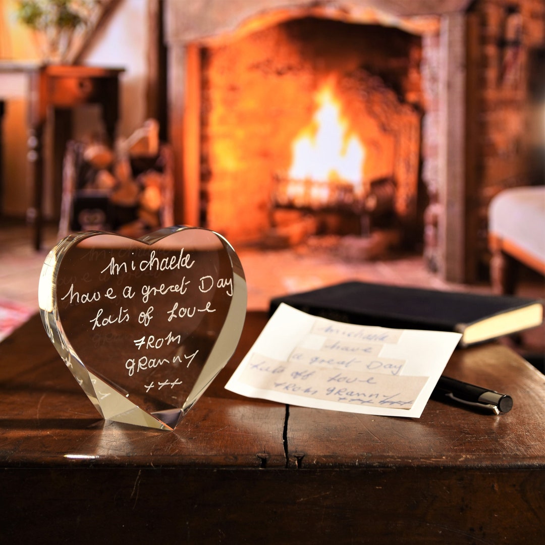 Hand Engraved Crystal Heart Ornament: Personalised Handwriting Keepsake ...