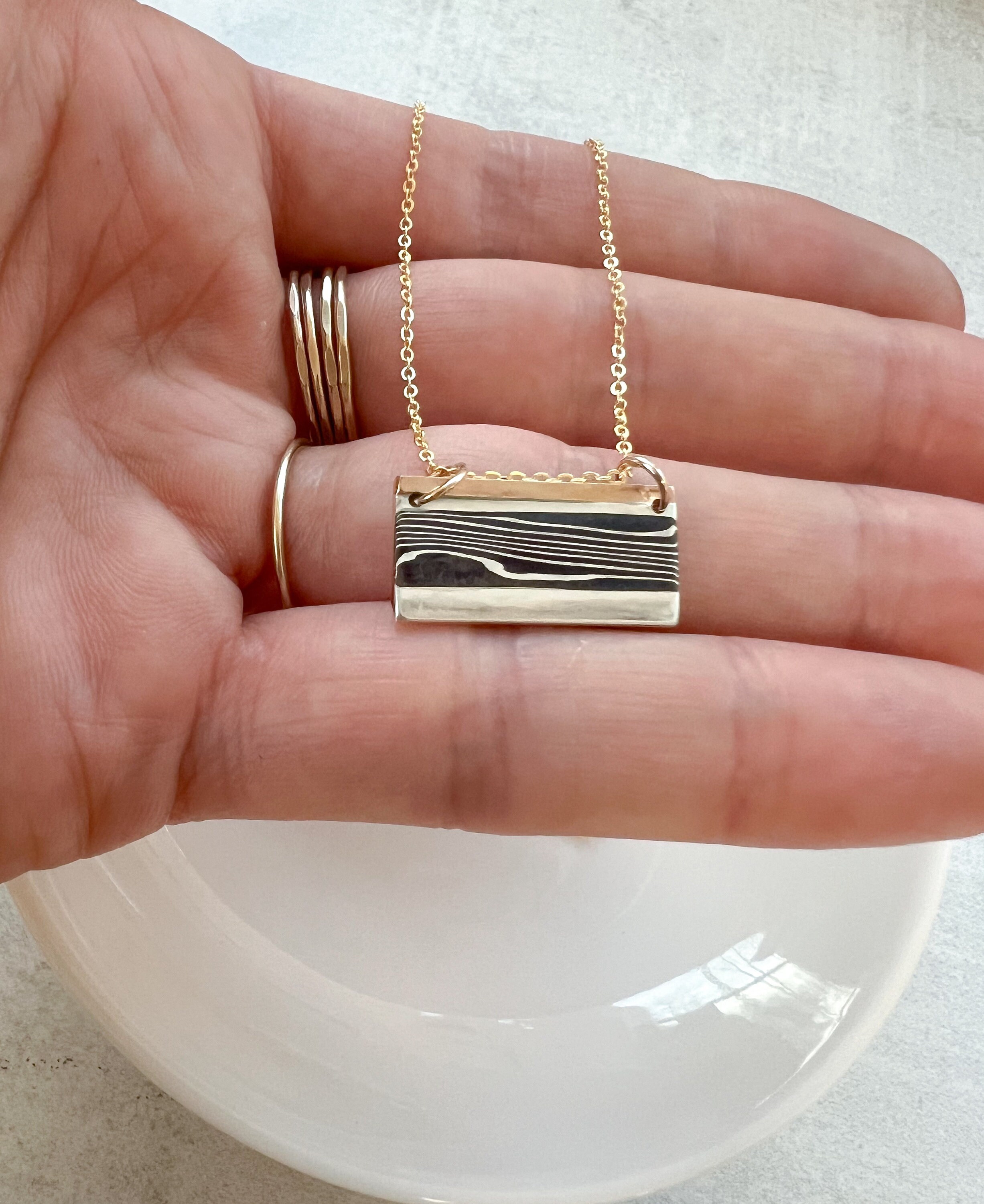 Horizontal Mokume Gane and Gold Rectangle Necklace - Etsy