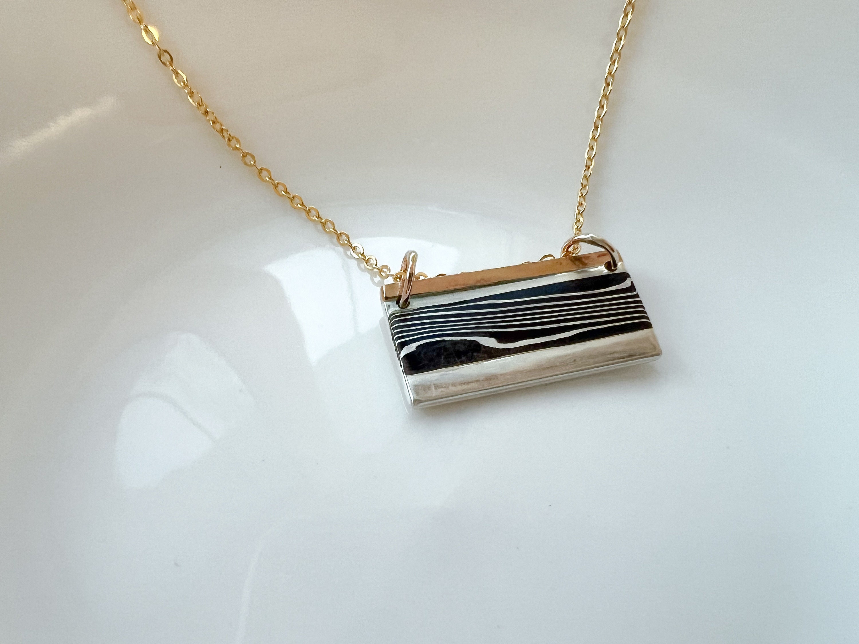 Horizontal Mokume Gane and Gold Rectangle Necklace - Etsy