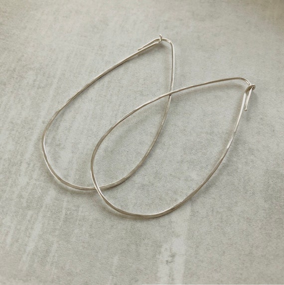 Large Hammered Oblong Hoops Silver or Gold | Etsy