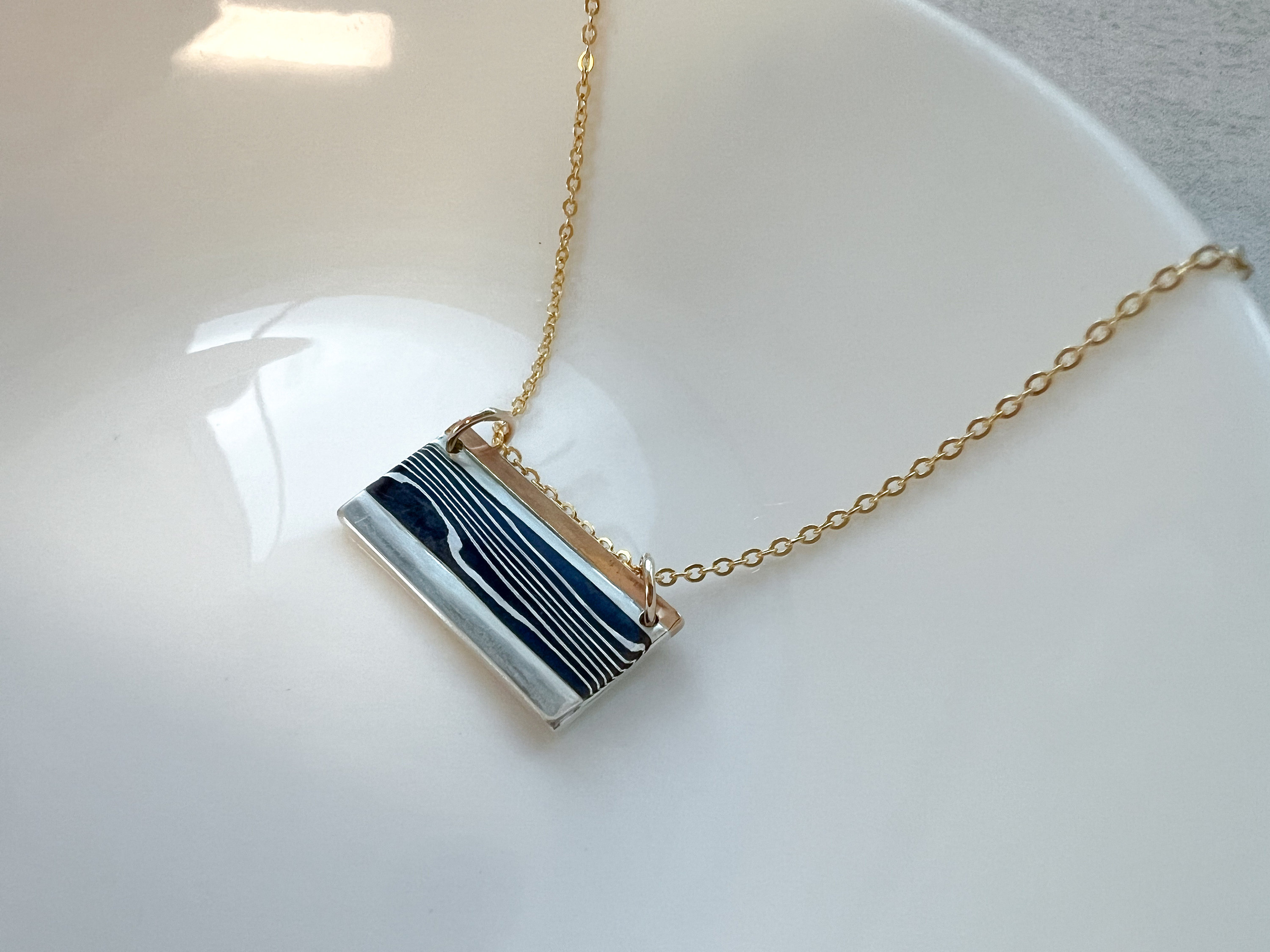 Horizontal Mokume Gane and Gold Rectangle Necklace - Etsy