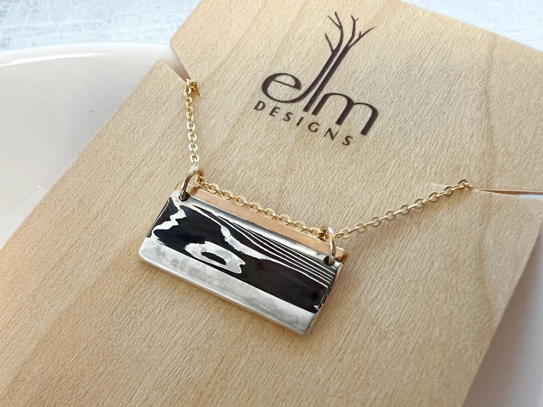 Horizontal Mokume Gane and Gold Rectangle Necklace - Etsy