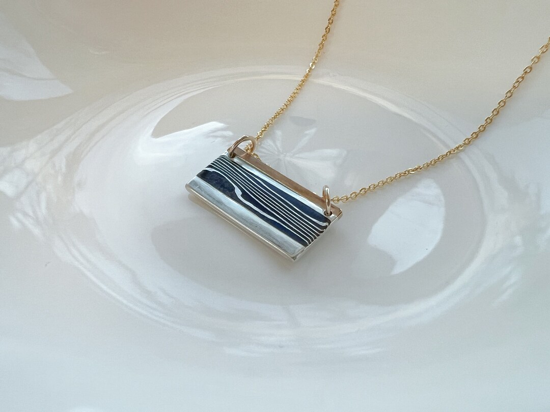 Horizontal Mokume Gane and Gold Rectangle Necklace - Etsy