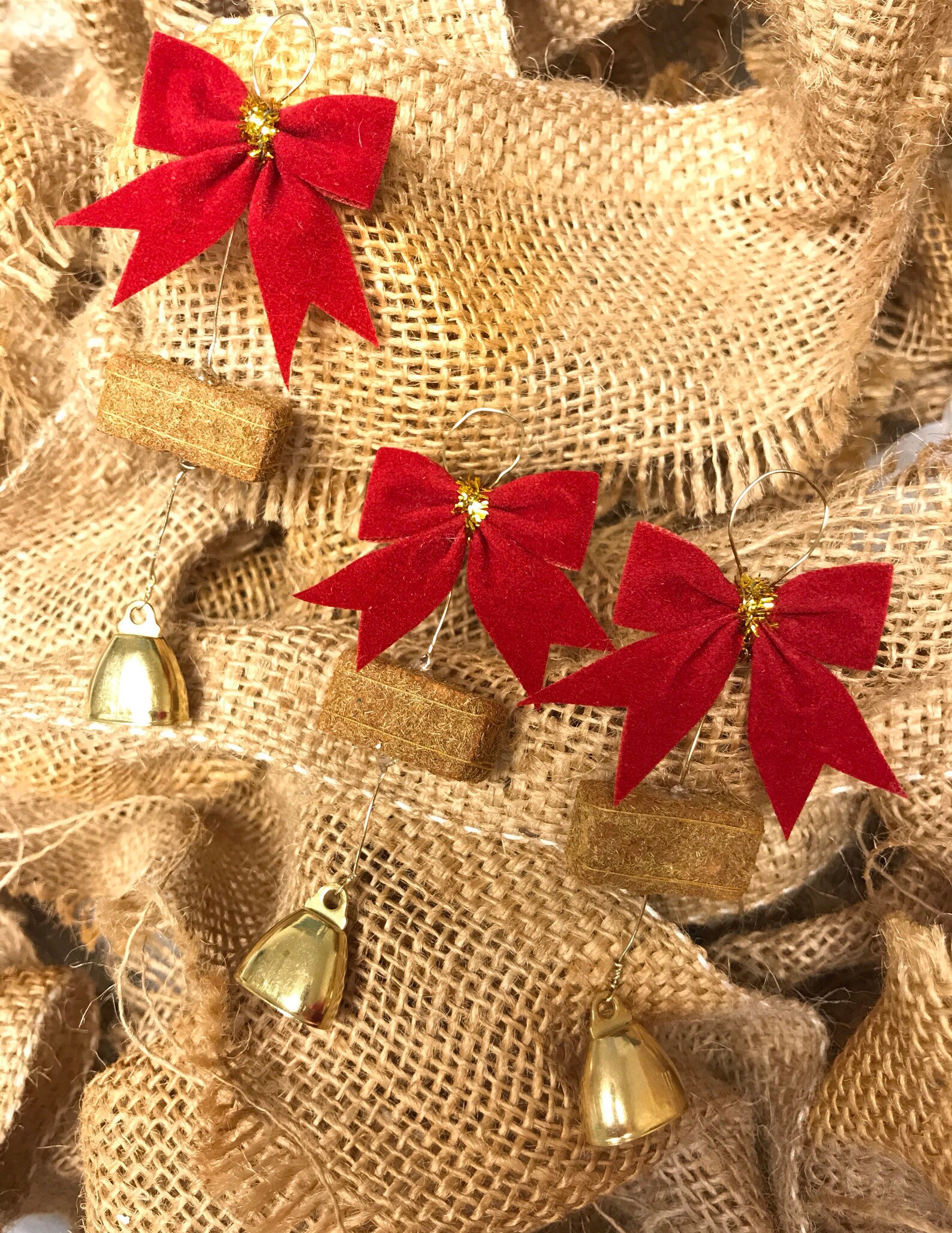 Square Hay Bale Ornament With Red Bow & Cow Bell, Country Christmas ...