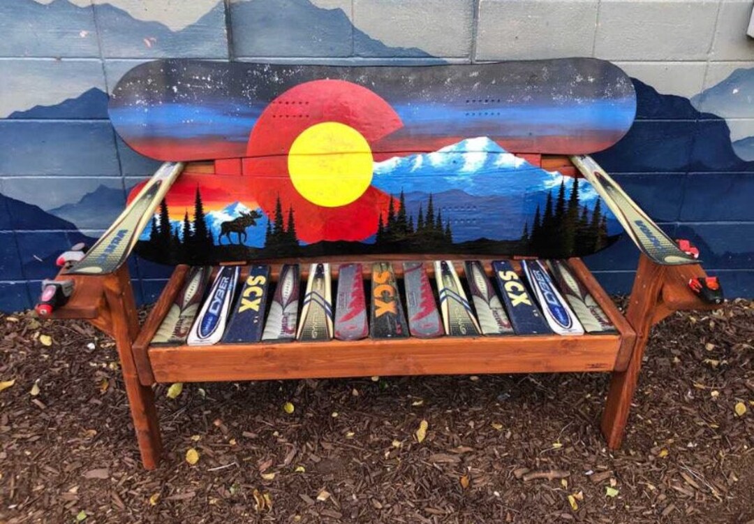 Hand-painted Colorado Moose Snowboard Bench, Upcycled Ski Bench - Etsy