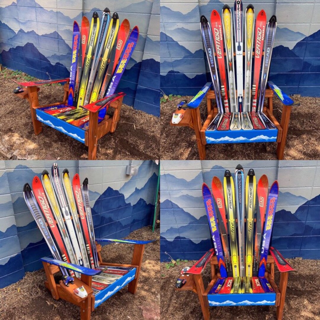 Set of (4)- Adirondack Ski Chairs With Hand Painted Snowy Mountain ...