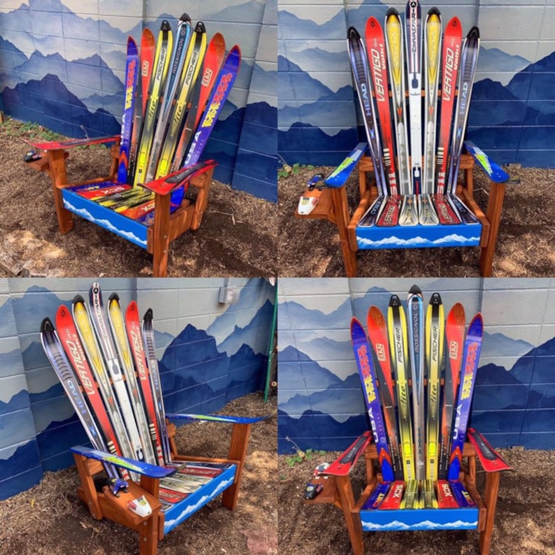 Set of 2 Upcycled Ski Chairs – Hand-painted Mountain Stripe Front Board ...
