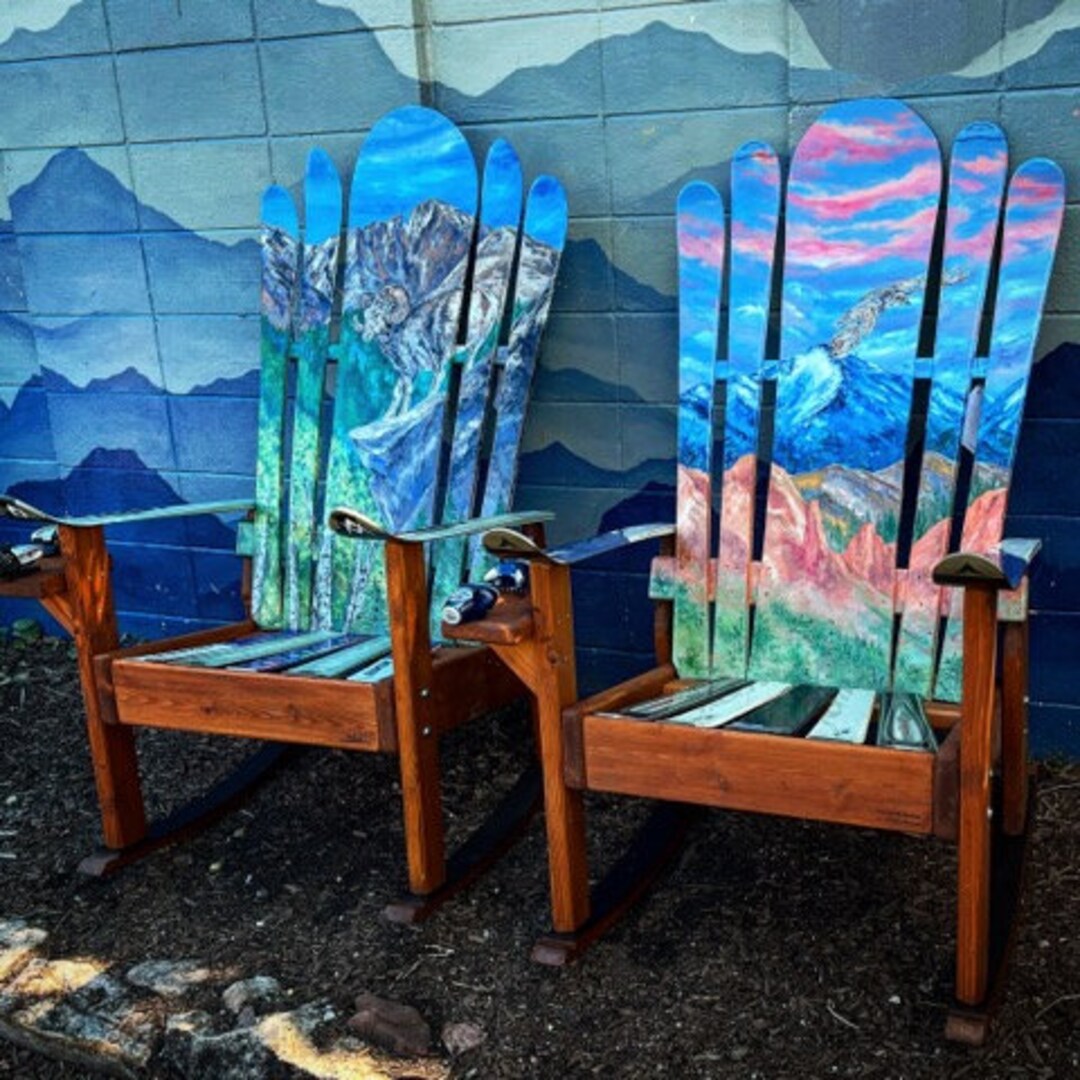 Set of 2 Bighorn Sheep and Hawk Mural Sunset Ski Chairs, Hand Painted ...