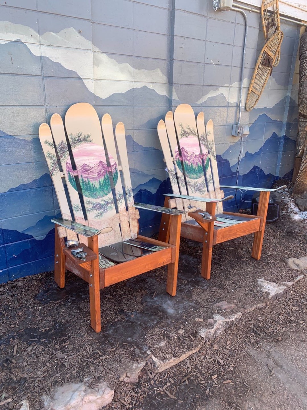 Set of Two - Pinecone Mountain Mural Adirondack Snowboard Chairs ...