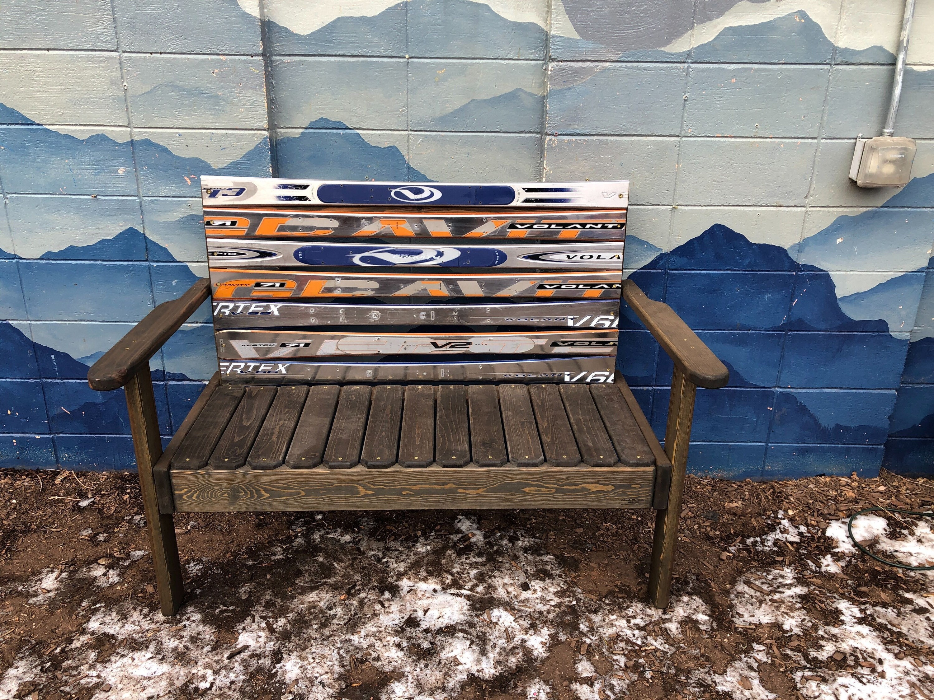 Repurposed Ski & Snowboard Bench, Dark Walnut Stain, Porch or Memorial ...